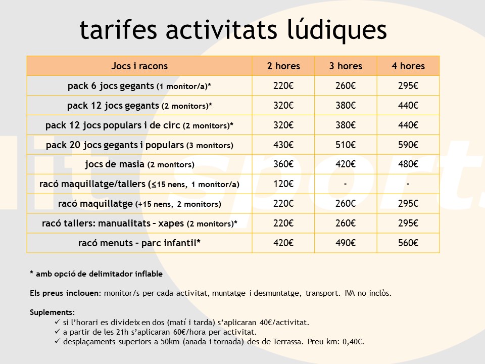 Tarifes/Packs - Elit Sports - Serveis lúdics, educatius i esportius